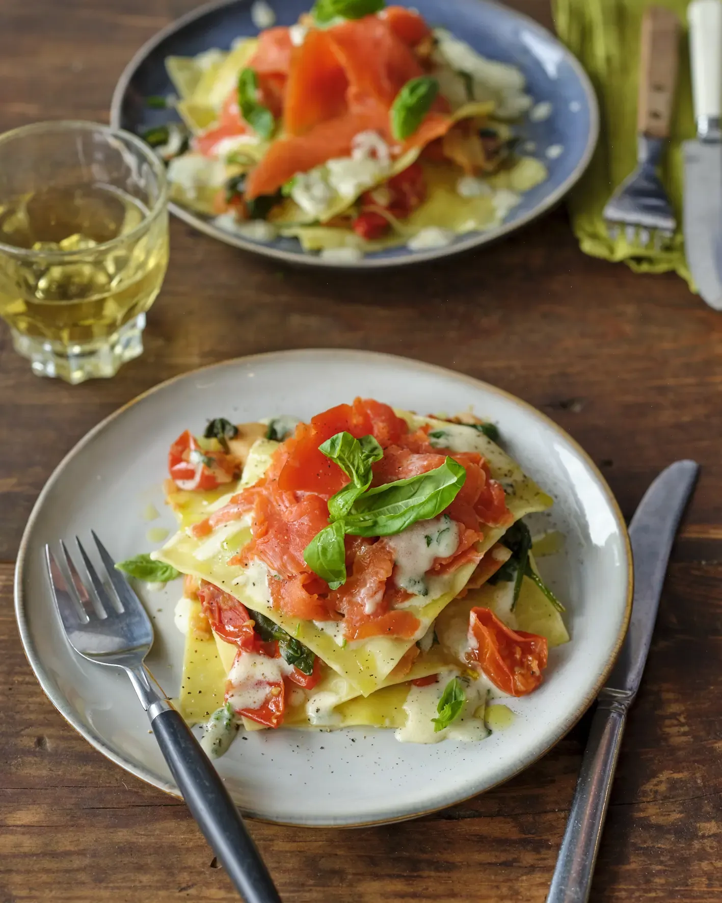 Open Lasagna with Sautéed Vegetables, White Wine Sauce, and Wild Salmon